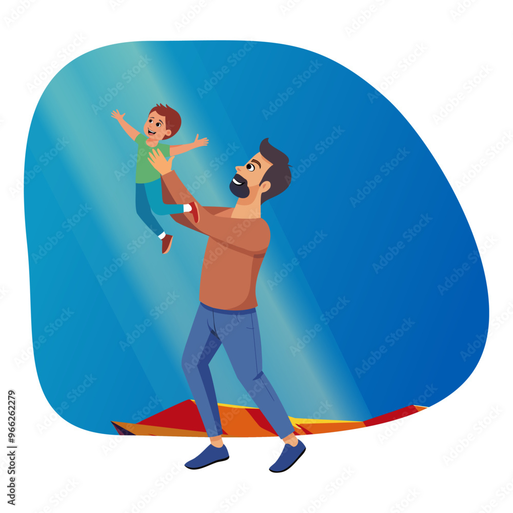 Dad lifts his son in his arms. Concept art for Father's Day. Flat ...