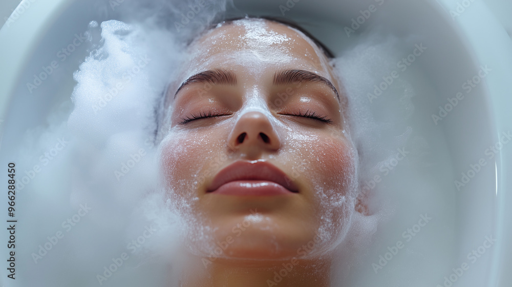 Relaxed woman undergoing a rejuvenating steam facial treatment with her ...