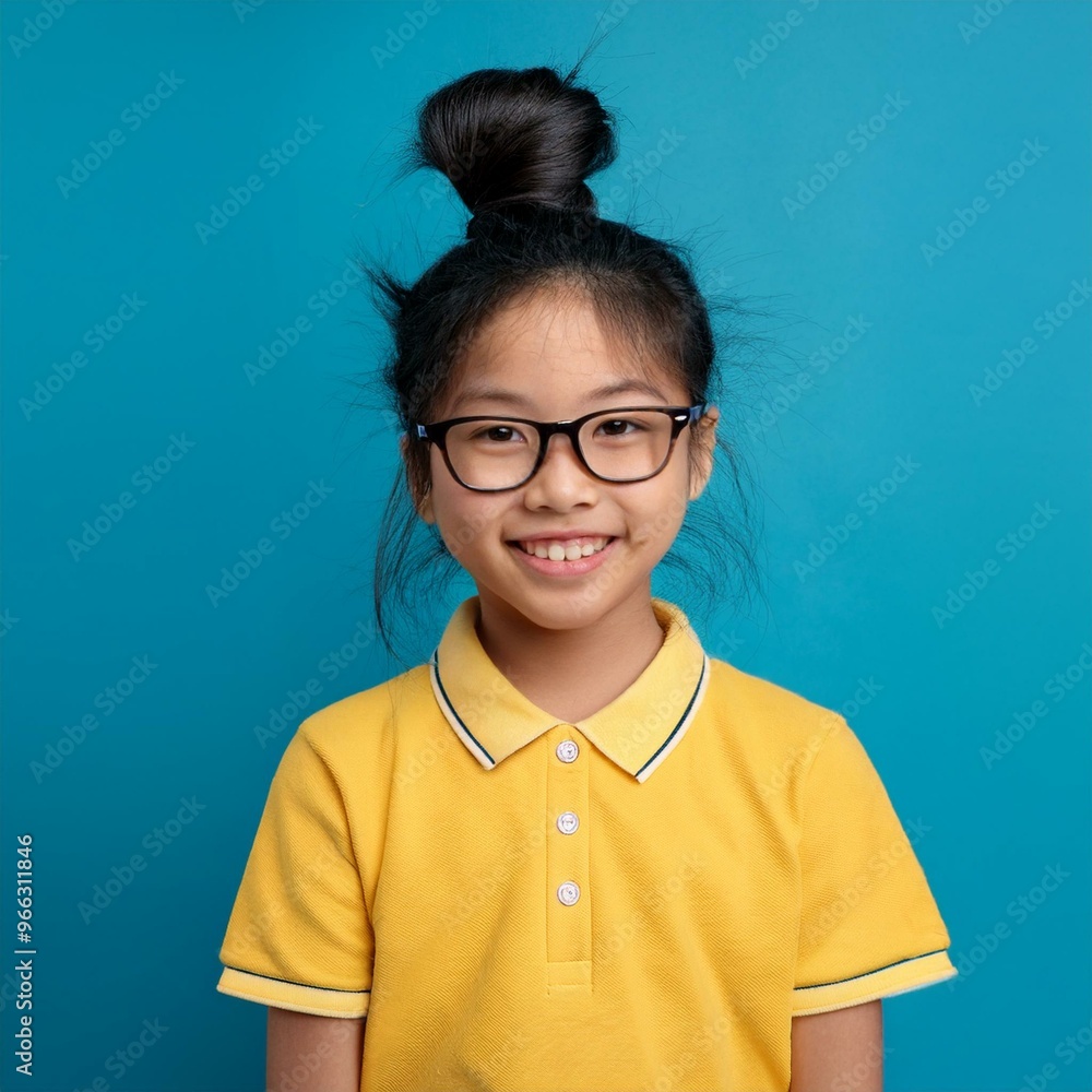 Funny geek asian teen girl with messy black hair in a bun. yellow polo ...