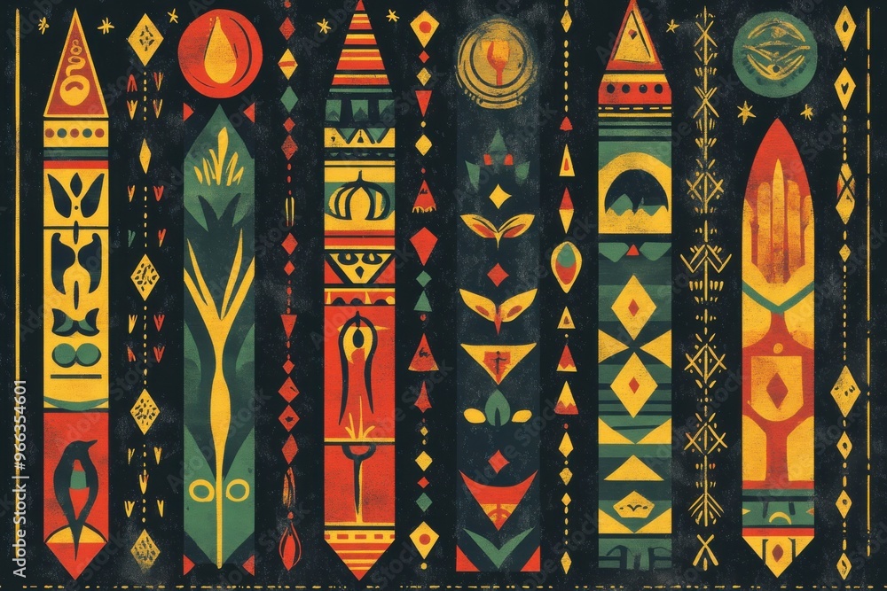 Artwork displaying the seven kwanzaa values. Features symbols, dates ... Artwork displaying the seven kwanzaa values. Features symbols, dates ...