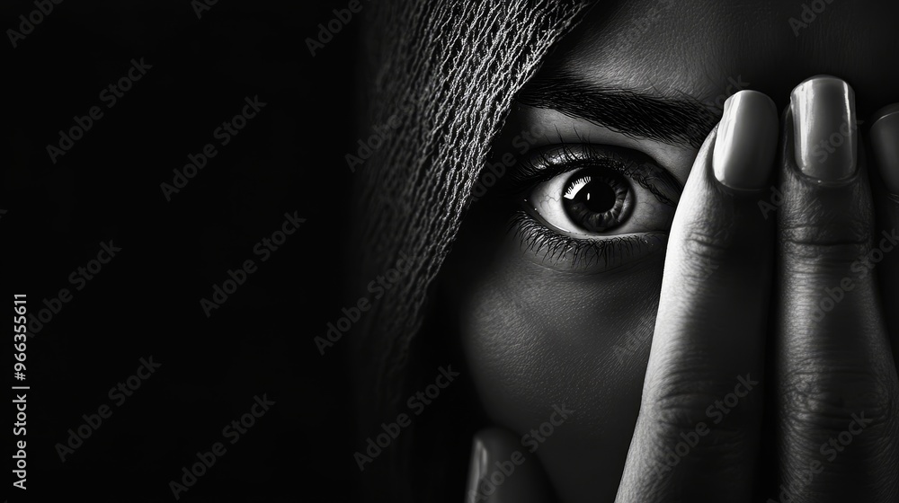 A close-up monochrome portrait of a woman's face, partially obscured by ...