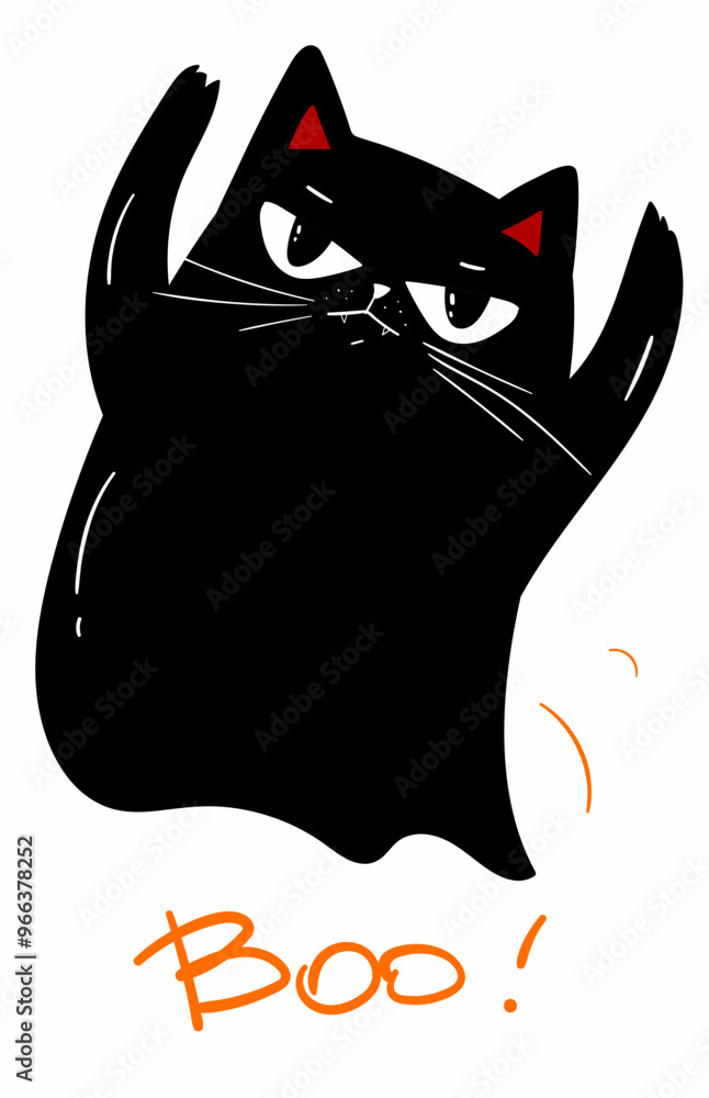 Grumpy Black cat ghost. Boo. Happy Halloween. Scary animal. Meme ...