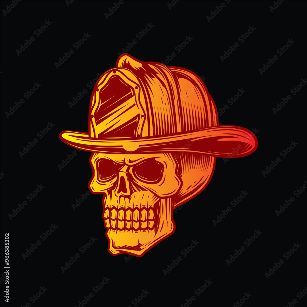 Human skull in a fire helmet. Firefighter. Original vector illustration ...