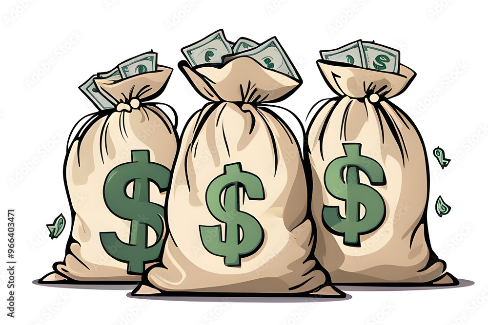 three cartoon money bags overflowing with dollar bills, showcased ...