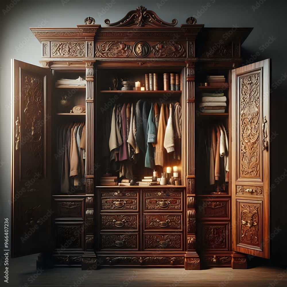 open wardrobe with clothes on shelf in an antique home interior Stock ...