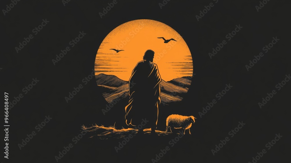Logo of Jesus as a shepherd with a lost sheep against a sunset ...