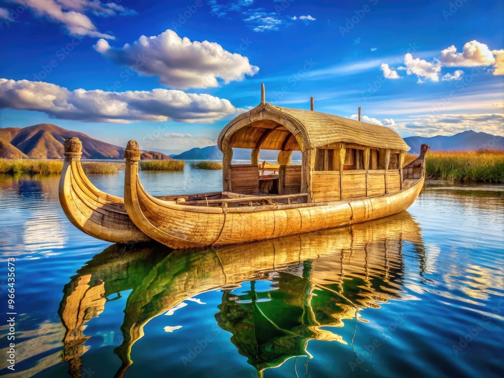 Handcrafted Reed Boat Floating On Tranquil Waters, Showcasing The ...