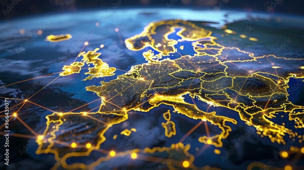 Illuminated map of europe nighttime city activity with glowing yellow ...
