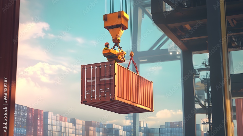 An operator in a crane hoists a large container at a port facility. The ...