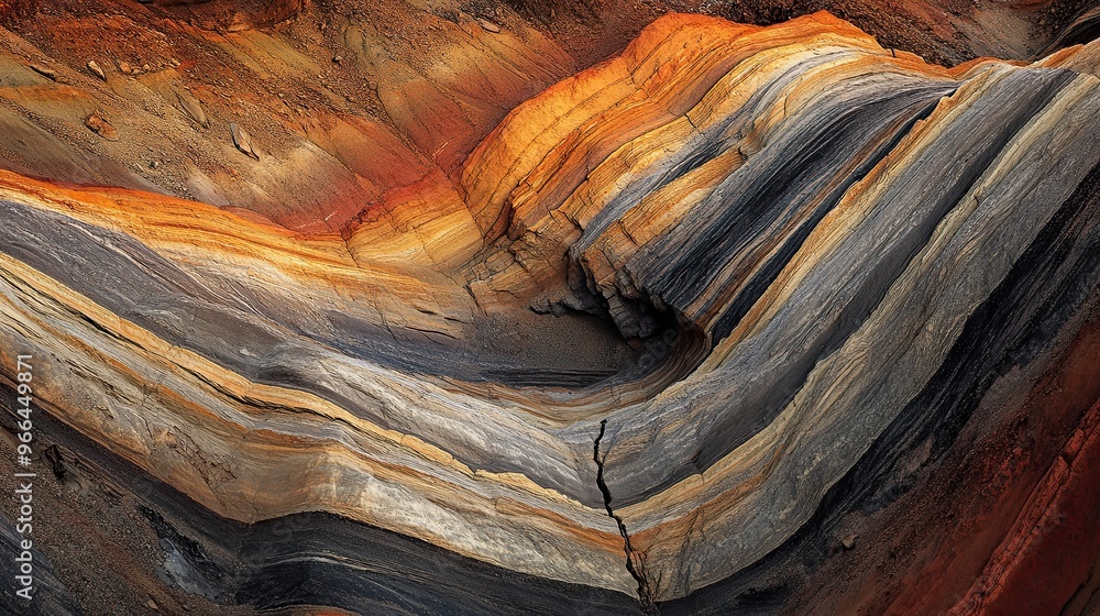 Panoramic view of sedimentary rock strata in a rugged terrain with bold ...