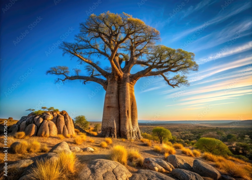 Tall, ancient baobab tree stands isolated in a serene, sunlit landscape ...