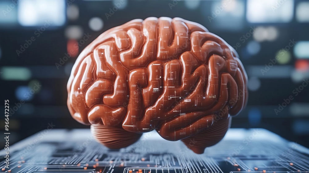 Conceptual AI brain interacting with real-world objects through data ...