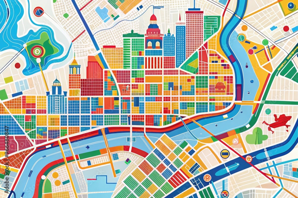Vibrant illustration of Louisville's city map, showcasing prominent ...