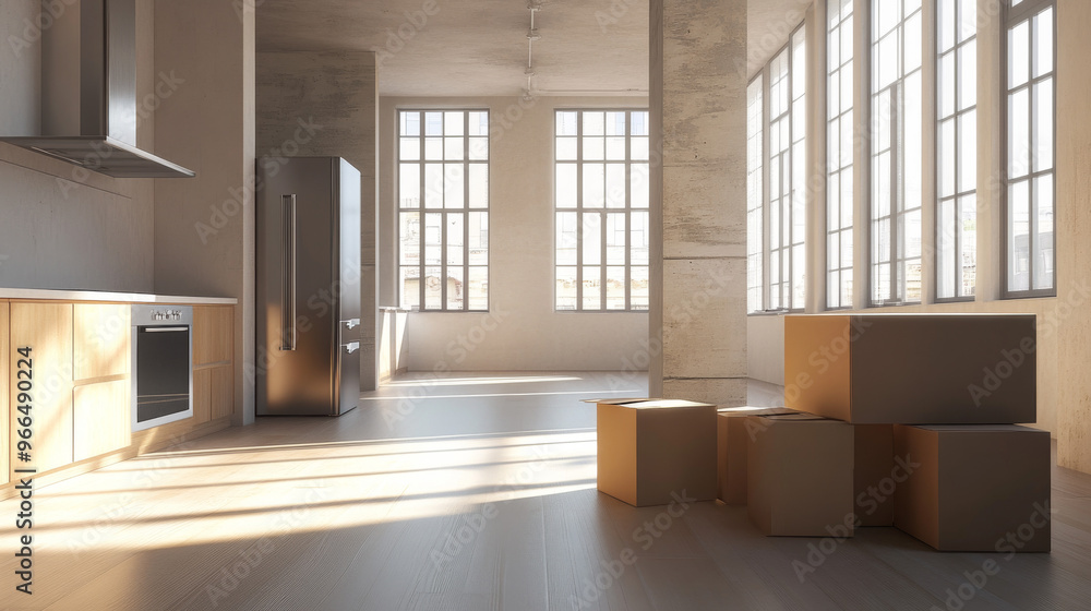 Unassembled boxes stand on the floor in a modern, bright house with ...