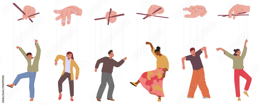 Cartoon People Characters Depicted As Puppets Breaking Free From ...