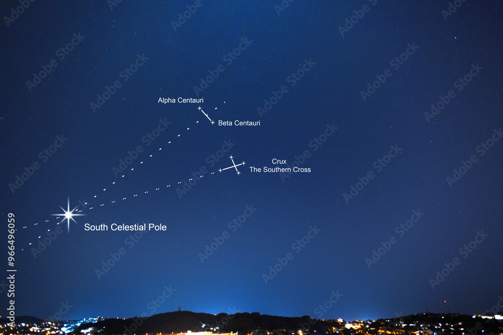 A real July night scene over the city Windhoek, Namibia with starry sky showing constellation of ...