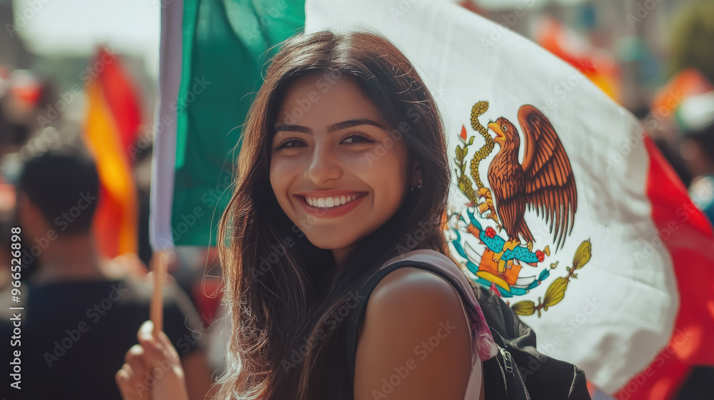 smiling young mexican woman holding mexican flag against background of ...