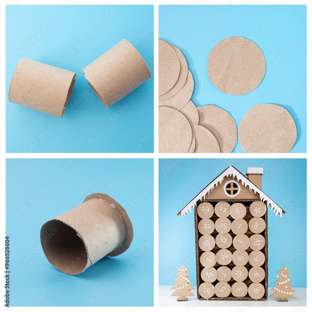 DIY advent calendar with numbered compartments in house shape, using recycle toilet paper tubes ...