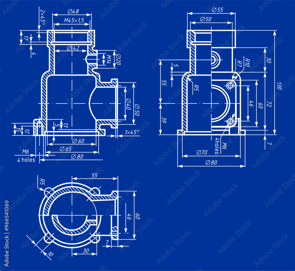 Vector mechanic drawing of a steel cast mechanical part with through ...