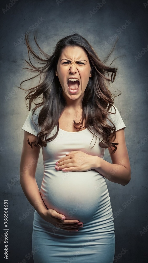 Young pregnant woman expecting a baby, touching pregnant belly angry ...
