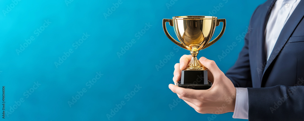 Businessman or boss holding champion golden trophy for winner, success ...