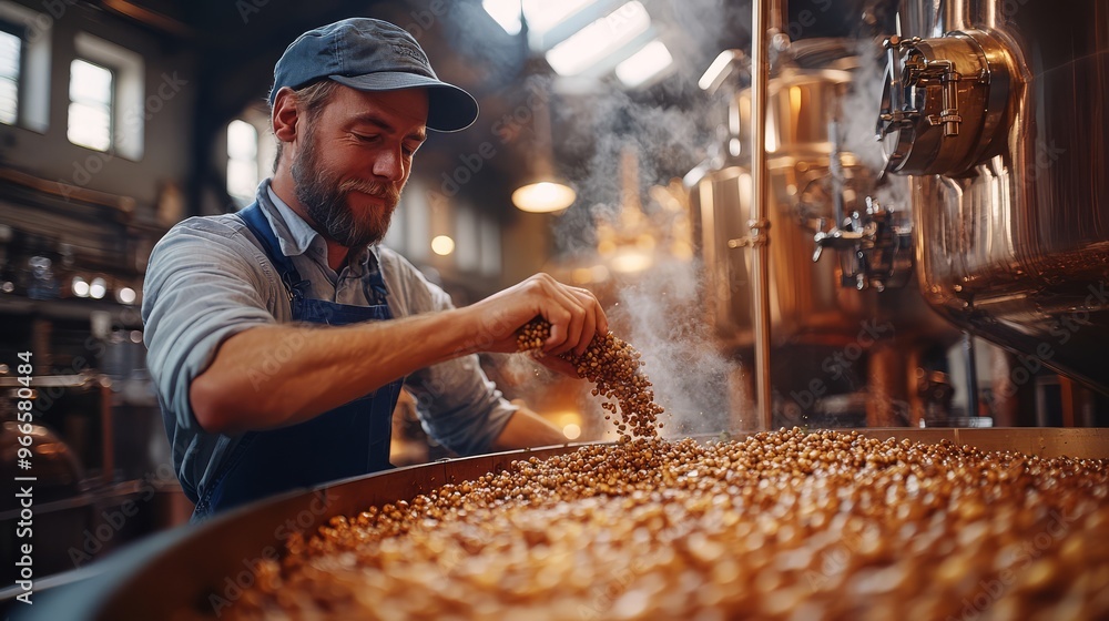 Brewer mixing grains for brewing beer in a large brewery, wearing a ...