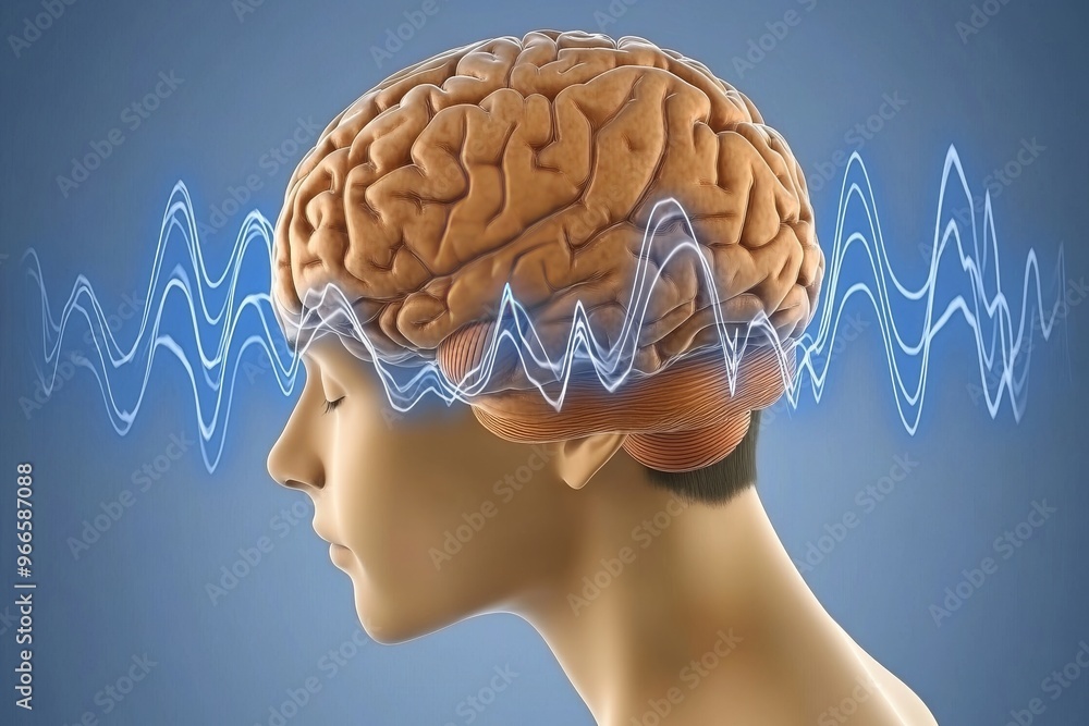 Neural impulses neuron modulation and brainwave dynamics abstract model head with brain and ...