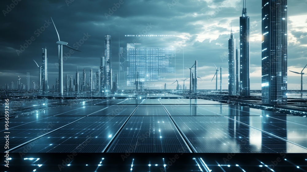 Solar panels reflecting holographic projections of energy data ...