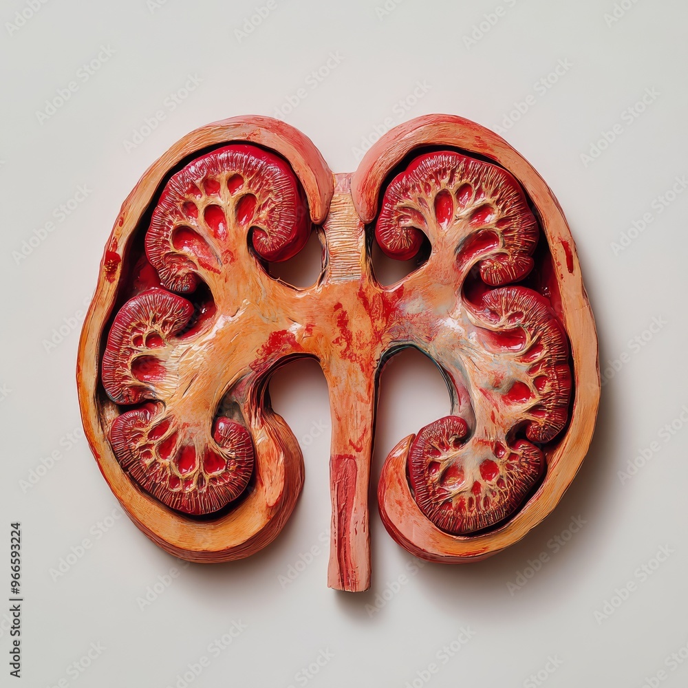 Detailed anatomy model of a human kidney cross-section showcasing internal structure and ...