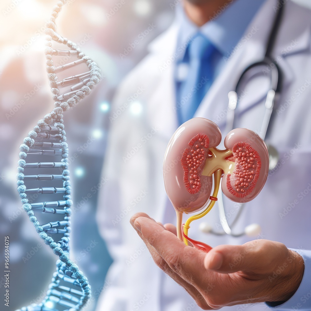Doctor holding a model of kidneys with a DNA strand, symbolizing ...