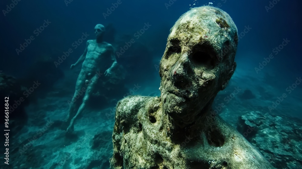 Underwater sculptures covered in marine life, creating an eerie yet ...