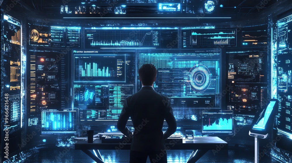 Futuristic hi-tech control room with immersive data displays and a person analyzing complex ...