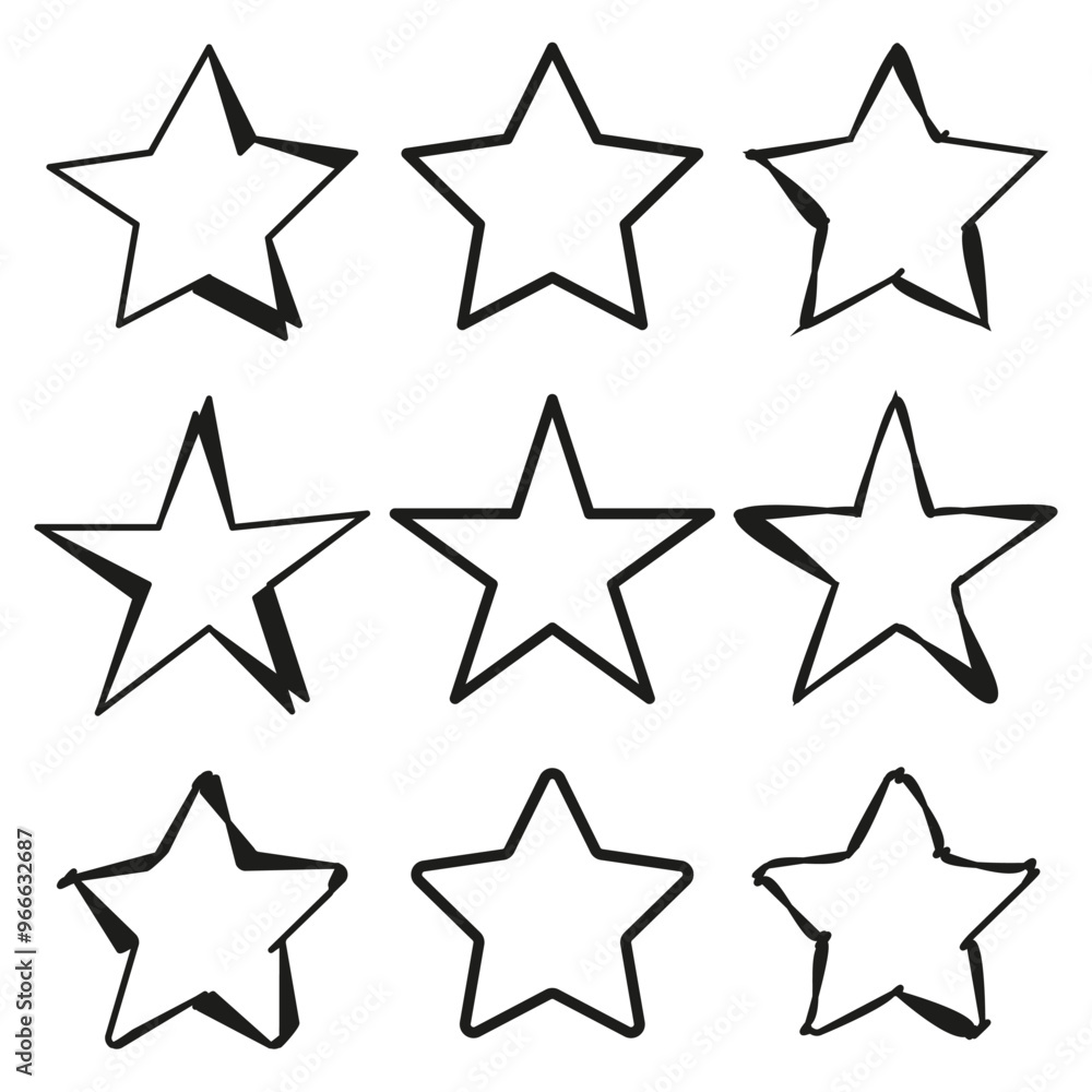 Hand drawn star icons. Rough sketched star symbols. Bold vector shapes ...