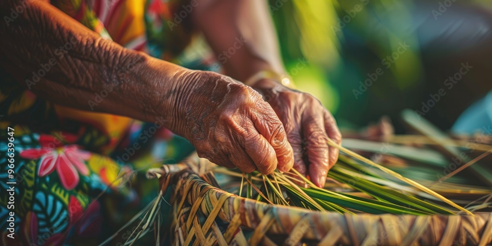 Selective focus on woman s hand weaving a basket from mangrove palm ...