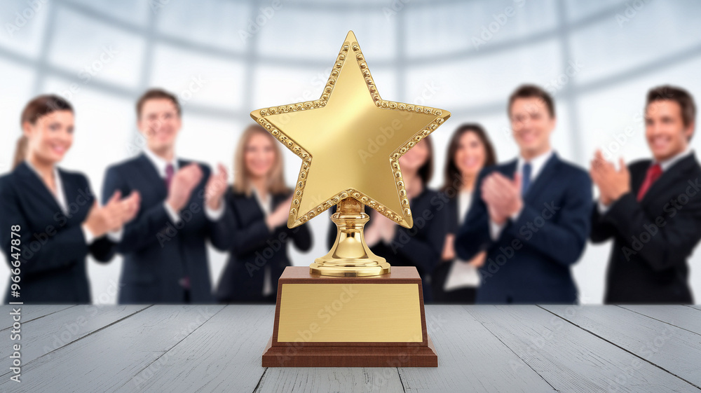 Business team celebrating achievement with star-shaped trophy ...