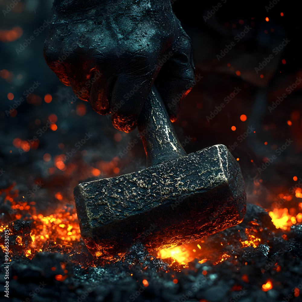 A powerful image capturing a blacksmith's hand wielding a hammer over ...