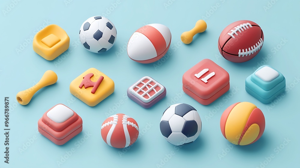3D illustrated icon set for a sports app, featuring icons for different ...
