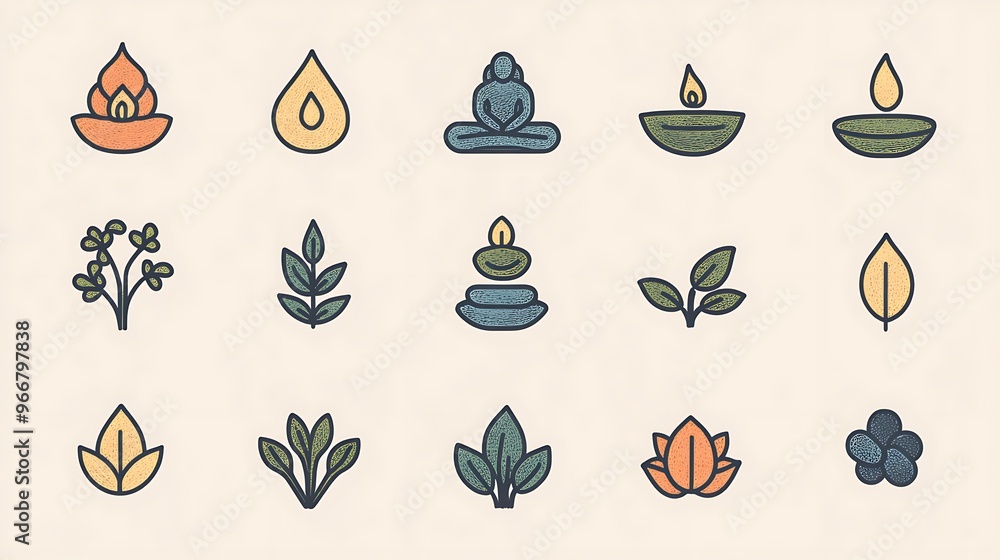 Hand-drawn icon set for a mindfulness app, featuring icons for ...