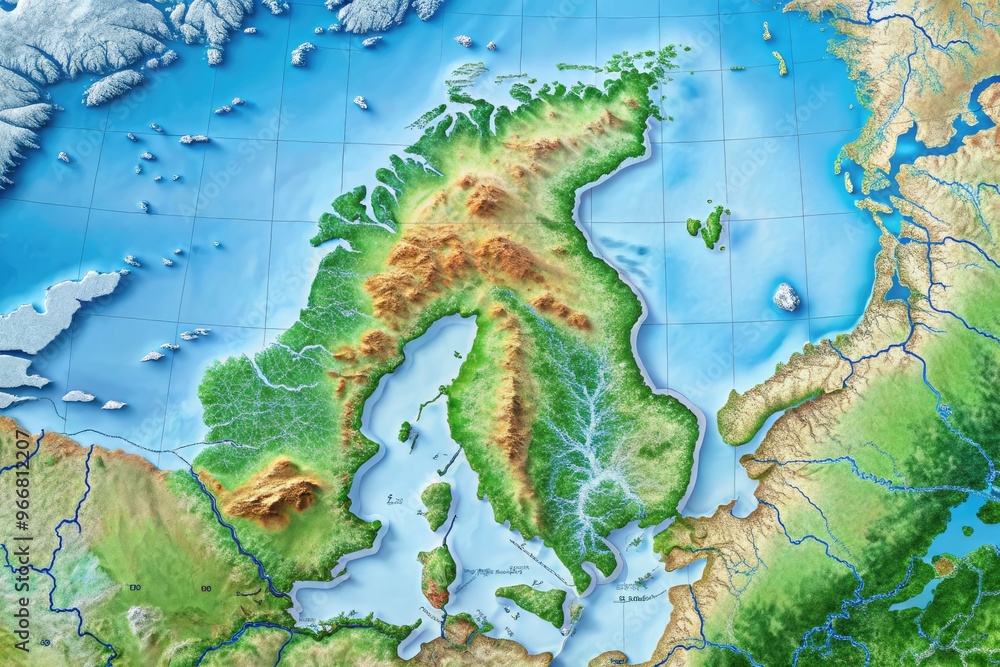 Detailed topographic map of Finland, highlighting its lakes, forests ...