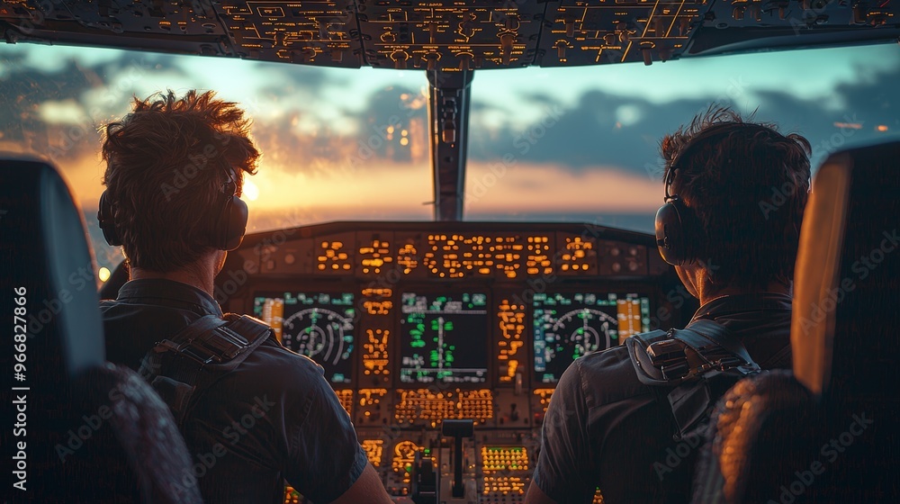 Pilot and co-pilot reviewing flight plans before departure in the ...
