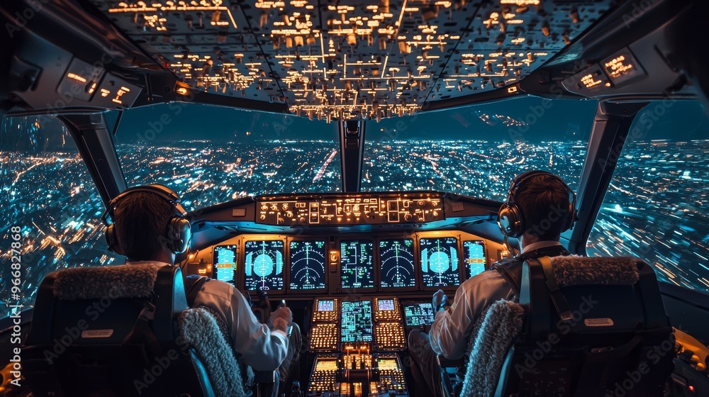 Pilot and co-pilot reviewing flight plans before departure in the ...