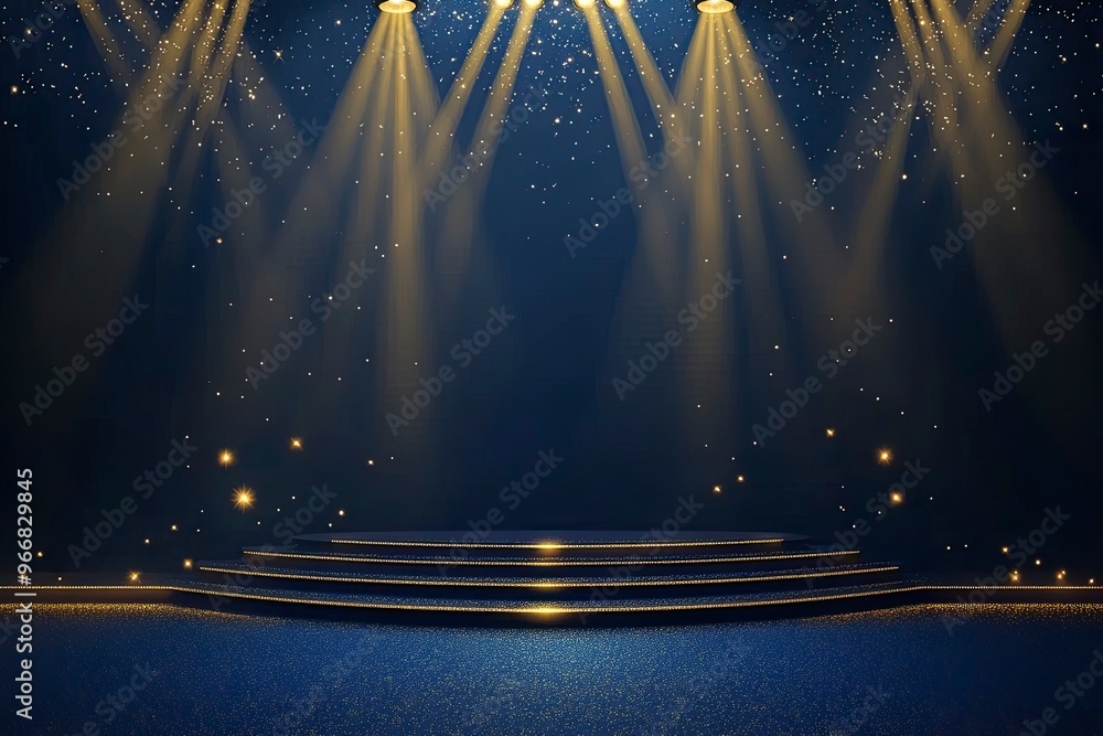 Dark blue stage with golden spotlight lines and glitter texture for ...