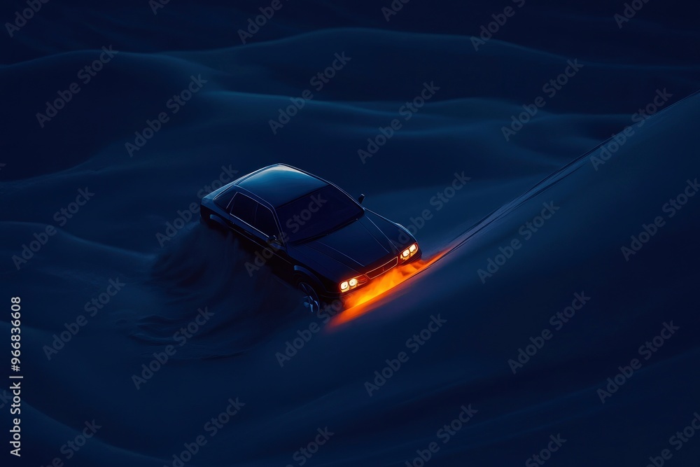 Dark blue car falling down from height and suspended in the air at the ...