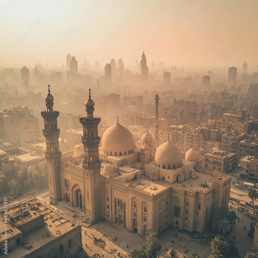 Aerial view of Cairo, Egypt skyline on a hazy day, in front of Mosque ...