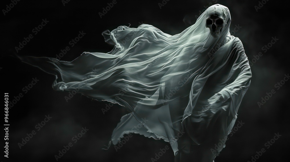 A ghostly figure with a skeletal face emerges from the smoke, shrouded in a white sheet ...
