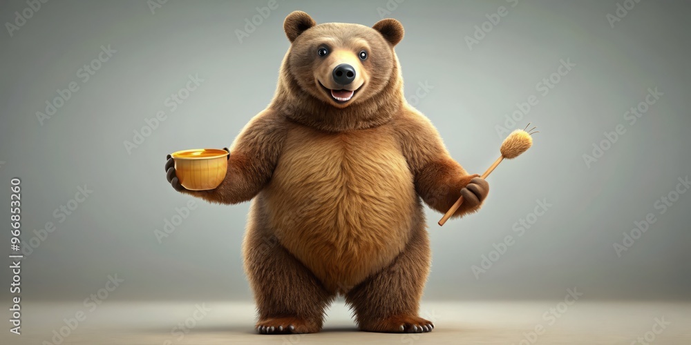 With a beaming smile, a brown bear proudly stands upright on its hind ...