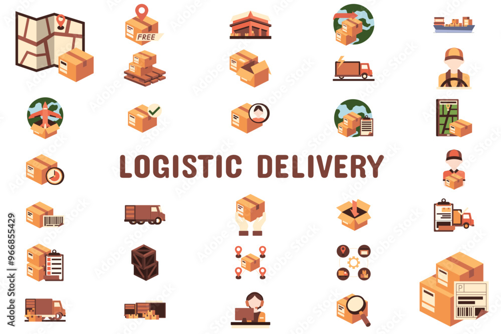 Logistic Delivery Flat Vector Illustration Icon Sticker Set Design ...