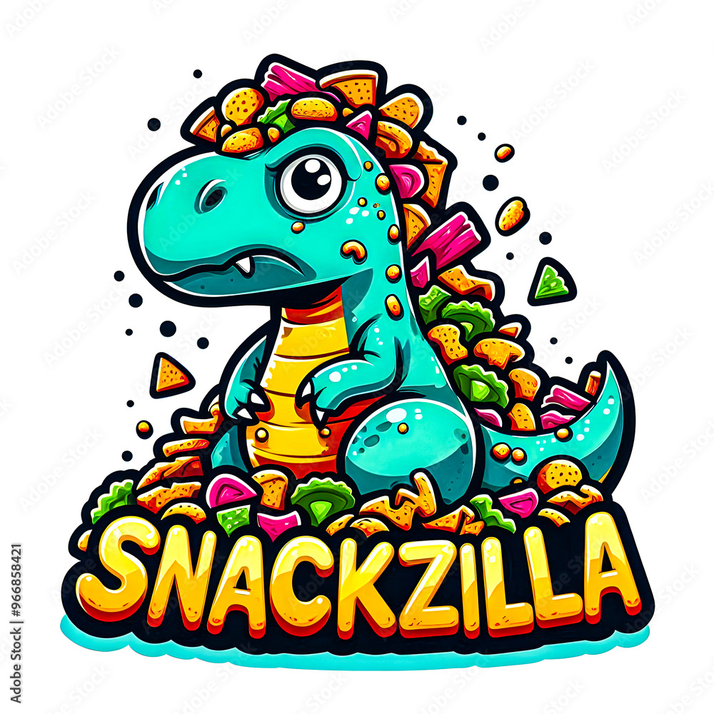 Funny illustration of a dinosaur with a huge pile of snacks, looking ...