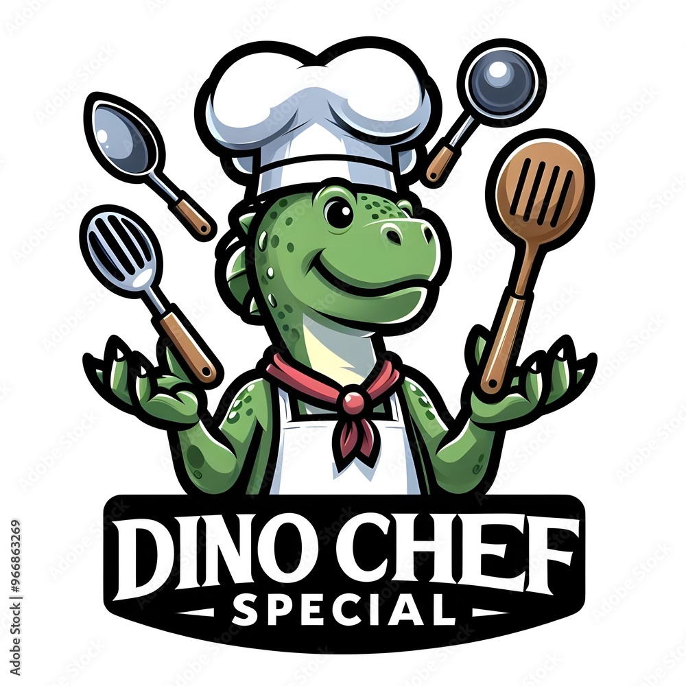 cartoon dinosaur dressed as a chef, juggling cooking utensils with a ...