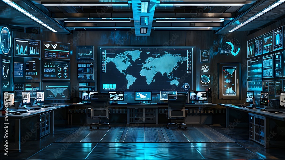 Futuristic command center interior with a large screen displaying a world map and multiple ...